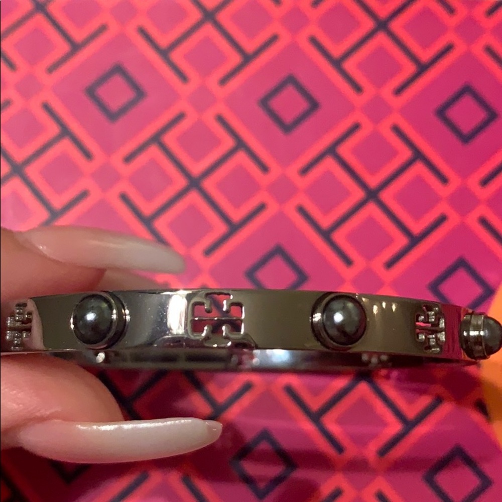 Tory Burch Perforated Logo & Cabochon Pearl Cuff - Gem